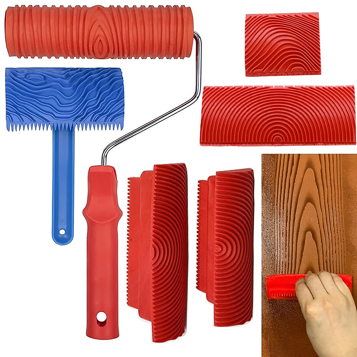 Wood Graining Tool Set, 6pcs 7" Fake Wood Grain Roller Painting Tool with Handle DIY Rubber Graining Tool Paint Look Like Wood for Wall Room Art Paint Decoration