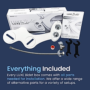 LUXE Bidet NEO 185 White Ultimate Upgrade Bundle - Self-Cleaning, Dual Nozzle Non-Electric Bidet Attachment, Comfort Fit Elongated Toilet Seat, Shutoff Valve T-Adapter, and Toilet Seat Bumpers