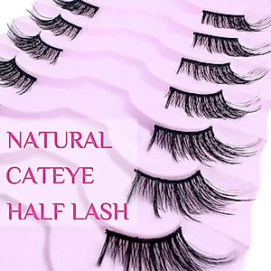 SLSXNL Half Lashes Natural Look Cat Eye 16 mm Wispy Thin Band Manga Lashes 10 Pairs False Eyelashes Cateye Half Eyelashes