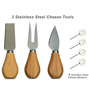 Round Bamboo Cheese Board Set with 3 Stainless Steel Tools and 4 Cheese Markers - 9" Diameter x 1.5" high