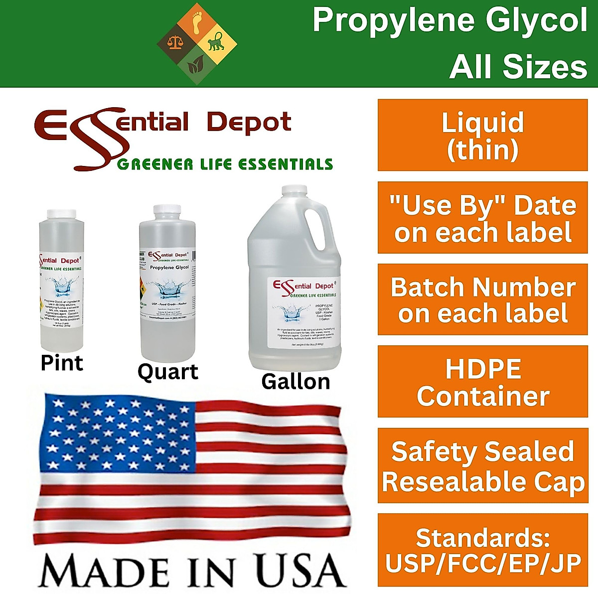Propylene Glycol - USP - Kosher - Food Grade - USP - Kosher - 36 oz net wt in a 1 Quart Safety Sealed HDPE Container with resealable Cap