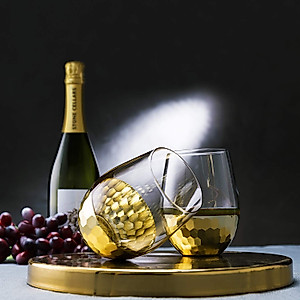 MyGift Modern Wine Glasses Stemless Set of 4 with Hammered Brass Metal Bottoms, Mimosa Glasses, Cocktail Glasses, Bridesmaid Toasting Glasses