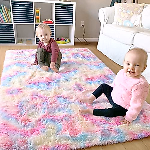 Ompaa Soft Fluffy Rainbow Kids Rug for Girls Bedroom Carpets, 4x6 Feet, Pastel Unicorn Room Decor, Kawaii Tie Dye Rugs for Teens Dorm Aesthetic, Shaggy Nursery Area Rug for Baby Toddler Princess Room
