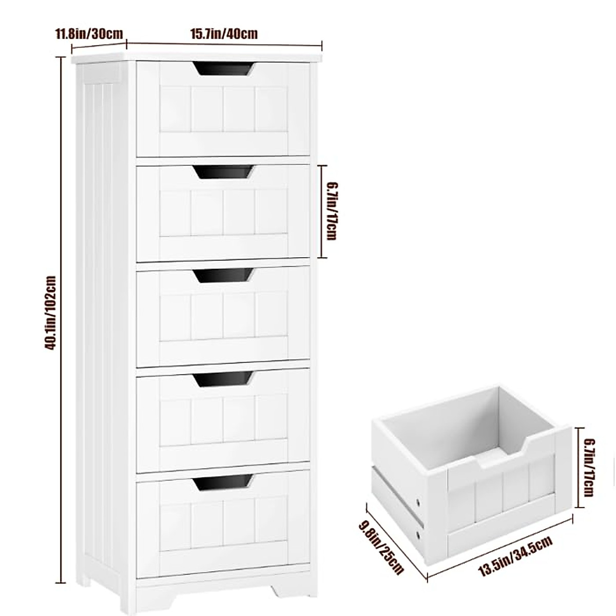 FOTOSOK Bathroom Floor Cabinet, Free-Standing Storage Cabinet with 5 Drawers, 11.8” x 15.7” x 40.1” Wooden Storage Cabinet with Cut-Out Handles, Side Tall Storage Cabinet for Bathroom, Living Room