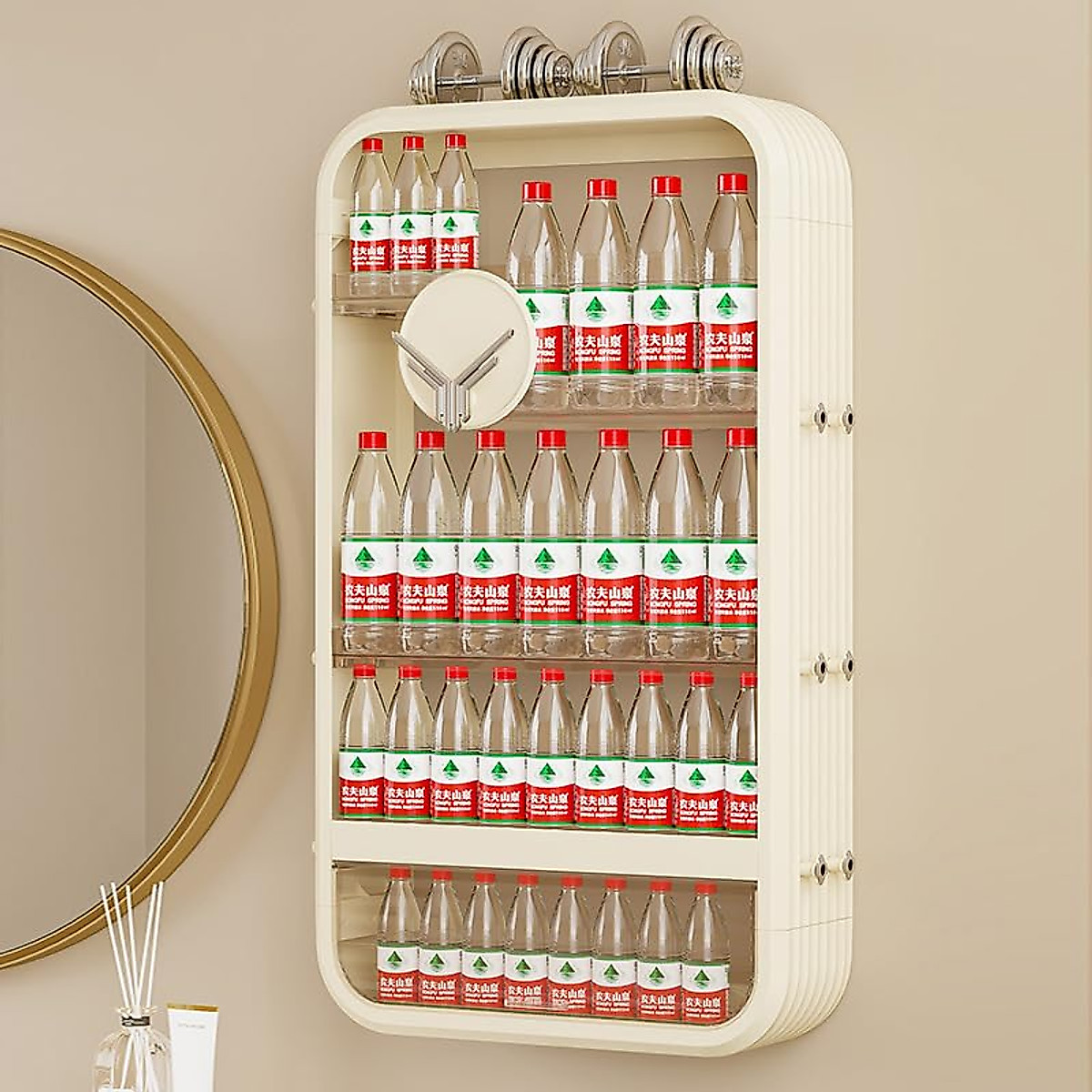 HOLMZCED Wall Storage Rack with Open Storage, Floating Cosmetics Rack with Large Capacity Wall Mounted Storage Shelf with Tissue Hole 4 Tiers Makeup Organizer with Hooks Beige for Bathroom Bedroom