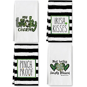 AnyDesign St. Patrick's Day Kitchen Dish Towels White Black Stripes Dishcloth 18 x 28 Lucky Charm Irish Kisses Cloth Tea Towel Seasonal Decorative Hand Towel for Home Farmhouse Cooking Baking, 4Pcs