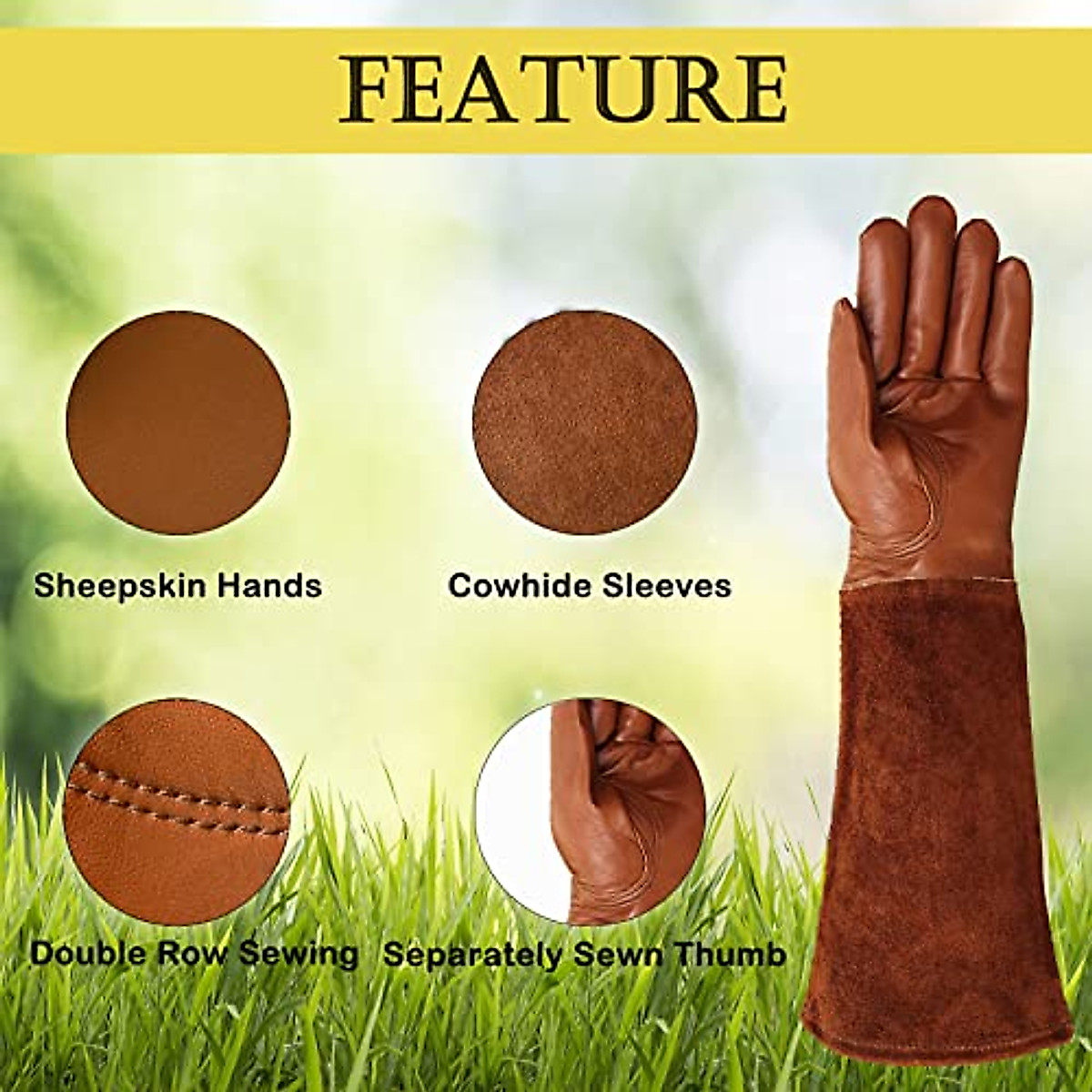 AOUCHI Long Leather Gardening Gloves for Women Men Kid, Breathable Cowhide Rose Pruning Thorn Proof Gloves with  Forearm Protection, Sheepskin Palms Cowhide Sleeves Garden Yard Safety Work Gloves(S)