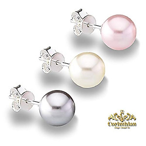 Genuine Fine European Crystal 8mm Round Simulated Pearl S925 Solid Sterling Silver Stud Earrings For Women (Crystal Pink)