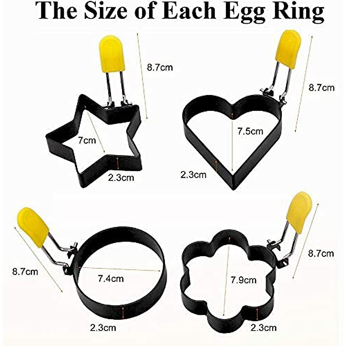 Egg Ring for Frying Eggs, Stainless Steel Egg Cooking Rings with Anti-scald Handle, Non-stick Egg Shaper Molds for Omelet, Breakfast Tool for Pancake, Sandwich Burger, Crumpet Ring–4 Different Shapes
