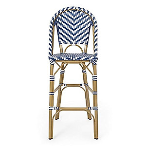 Christopher Knight Home 314446 Kinner Outdoor Barstool, Navy Blue + White + Bamboo Print Finish