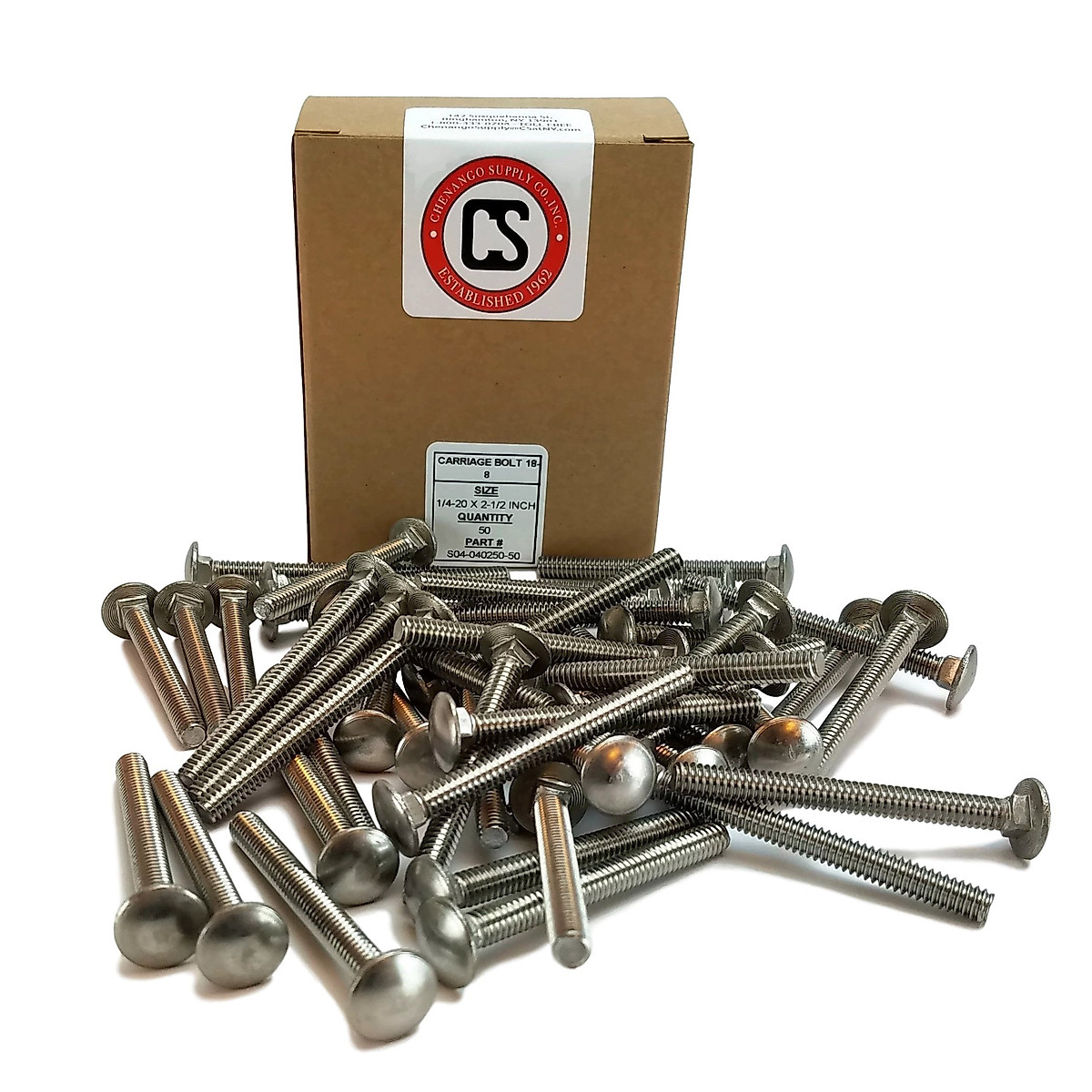 Chenango Supply Stainless 1/4-20 x 2-1/2inches Carriage Bolt (3/4inches to 5inches Lengths Available in Listing), 18-8 Stainless Steel,50 Pieces (1/4-20x2-1/2)