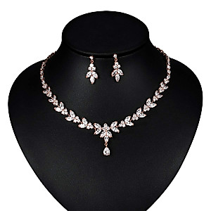 WeimanJewelry Silver/Gold Plated Women Cubic Zirconia Round CZ Marquise Teardrop Bridal Necklace and Drop Earring set for Bride Wedding (Rose Gold)