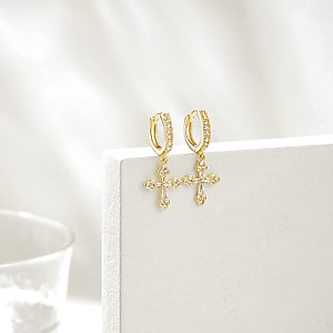 KissYan Gold Huggie Hoop Earrings for Women, 14K Gold Plated Dainty Hypoallergenic Cross Dangle Drop Earring, 925 Sterling Silver Post Cubic Zirconia Handmade Jewelry