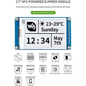 waveshare 2.7inch Passive NFC-Powered e-Paper Module, 264 × 176 Pixels Black and White Display Color, No Battery Needed, No Messy Wiring Wireless Powering & Data Transfer Android APP Provided