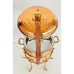 Indian Art Villa Steel Copper Chafing Dish Set of 1 Handi With Lid & 1 Brass Stand, Serveware Item for Dinner Party & Functions, Volume-44 Oz