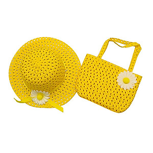 AUEAR, 3 Set Girls Straw Hat and Purse Set Tea Party Summer Beach Sunflower Daisy Flower Sunhats Blue Yellow Pink