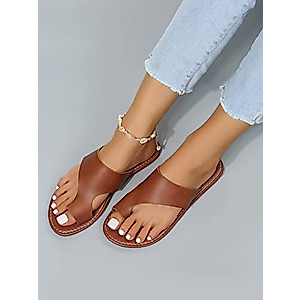 GORGLITTER Open Toe Flat Sandals Single Band Toe Ring Thong Sandals Flip Flops Brown EUR38