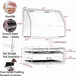 Cq acrylic Cosmetic Display Cases With LId Dust Water Proof for Bathroom Countertop Stackable Large Clear Makeup Organizer and Storage With 3 Drawers,Set of 2
