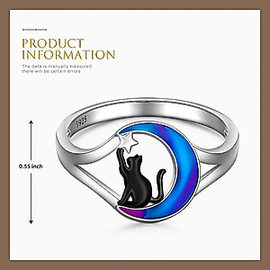 Black Cat Ring Sterling Silver Cat Rings for Women 925 Cute Animal Kitty On Moon White Gold Pet Remembrance Memorial Loss Jewelry Gifts Size 8