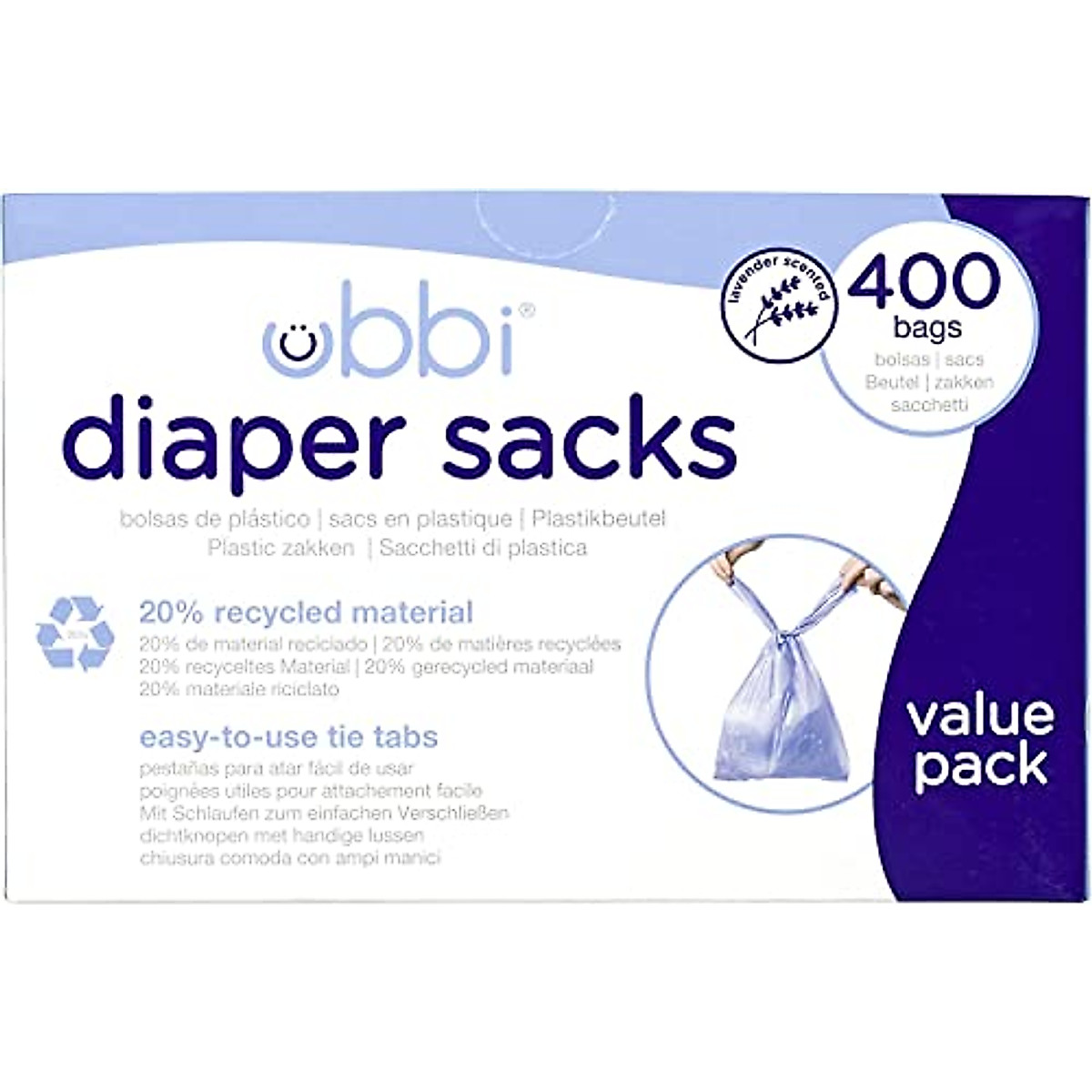 Ubbi Disposable Diaper Sacks, Lavender Scented, Easy-To-Tie Tabs, Diaper Disposal or Pet Waste Bags, 400 Count