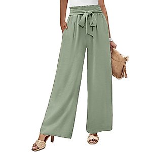Sucolan Green Pants for Women Dressy Casual Wide Leg Pants High Waisted Business Work Pants Adjustable Tie Knot Loose Beach Flowy Palazzo Pants Sage Green L
