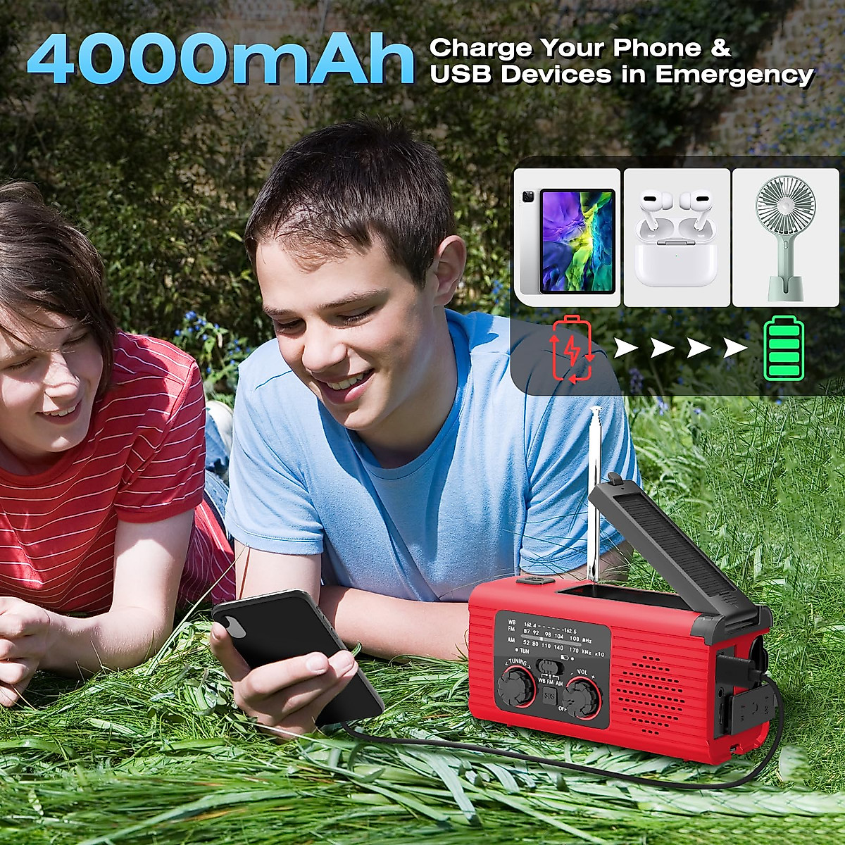 【2024 Newest】 NOAA Emergency Weather Radio, 4000mAh Weather Alert Radio Solar Charging, Hand Crank & USB Charged, AM/FM Radio with LED Flashlight, Reading Lamp, SOS Alarm, Headphone Jack for Outdoor