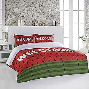 3 Pieces Queen Bedding Duvet Cover Sets,Summer Fruit Watermelon Texture Ultra Soft Bed Set with 2 Pillow Shams for Bedroom Green Stripe and Red on Wood,Luxury Washed Quilt Covers for All Season