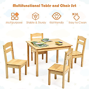 KOTEK Kids Wood Table and 4 Chair Set, Children Multi Activity Table for Learning, Playing, Drawing, Toddler Picnic Table and Chairs Set for Home, Classroom and Daycare (Natural)