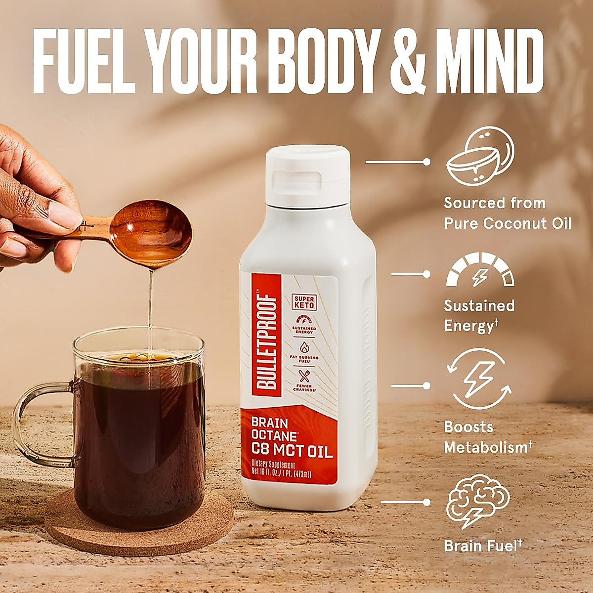 Bulletproof Brain Octane C8 MCT Oil, 16 Ounces, Keto Supplement for Sustained Energy and Fewer Cravings