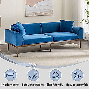 Lifeand Modern Velvet Sofa with Metal Legs,Loveseat Sofa Couch with Two Pillows for Living Room and Bedroom,Blue