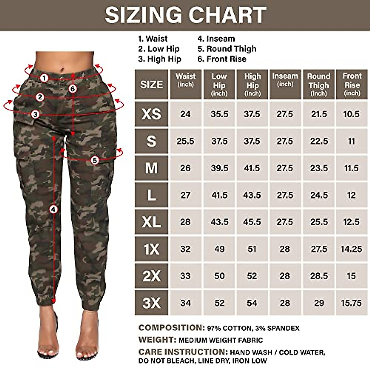 Double Denim Women's High Waist Jogger Pants - Casual Cargo Elastic Waistband Sweatpants Tapered Fatigue with 6 Pockets SCP-2049 Camo XL