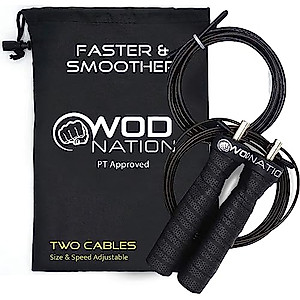 WOD Nation Attack Speed Jump Rope : Adjustable Jumping Ropes : Unique Two Cable Skipping Workout System : One Thick and One Light 11 Foot Cable : Perfect for Double Unders forHiit : Fits Men and Women