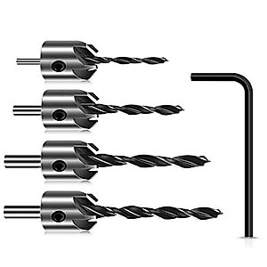 Countersink Drill Bit Set, 4Pcs Woodworking Chamfer High Speed Steel Countersink Drill Bits 3 4 5 6 mm with L-Shape Hex Wrench