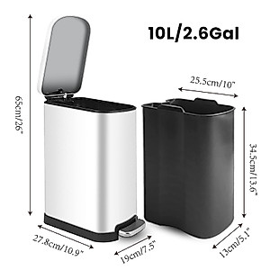 CLTEC 10 Liter/2.6 Gallon Small Trash Can with Lid Soft Close, Removable Inner Waste Basket, Rectangular Slim Garbage Can for Bathroom Bedroom Office Nursery, Narrow Step Trash Bin, White