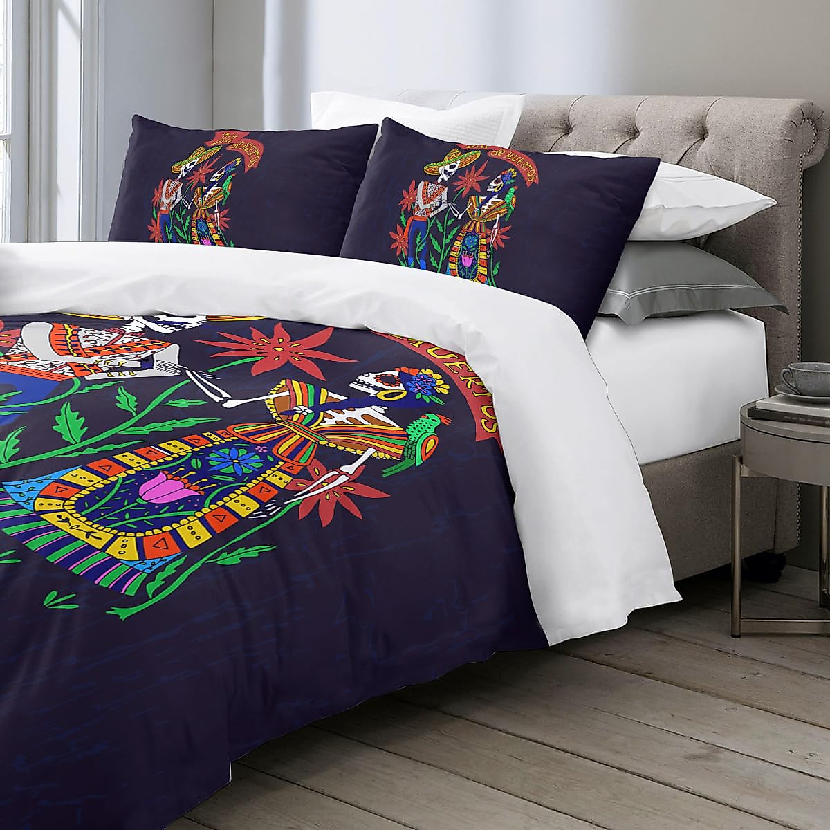 Sleepwish The Day of The Dead Bedding Skeleton Lovers Duvet Cover Set 3 Piece Dia de Los Muertos Printed Design Comforter Cover Sets Full 1 Duvet Cover 2 Pillowcases