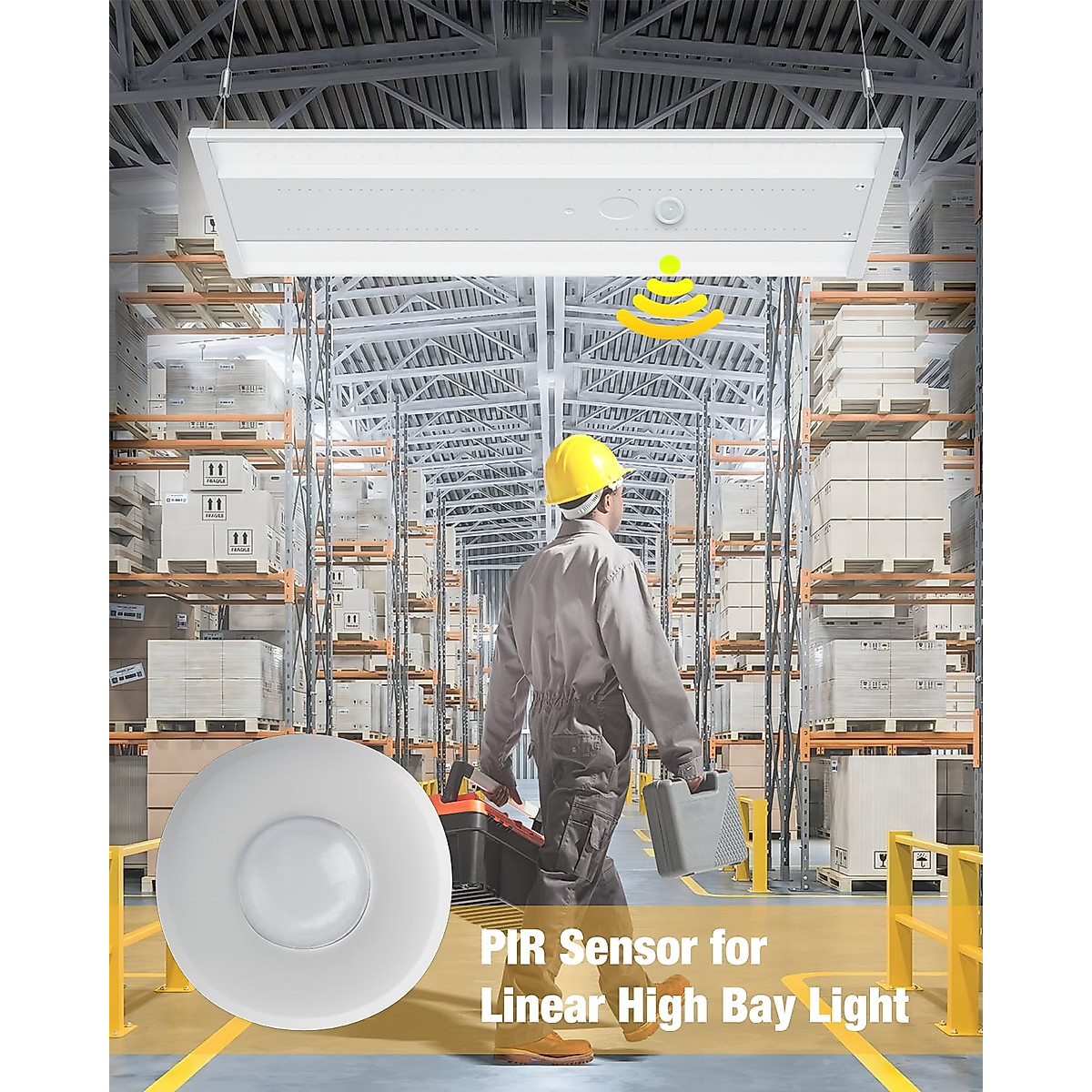 JC-LGL 300W LED Linear High Bay Light with PIR Sensor，LED High Bay Shop Lights Fixture, Compatible with Industrial 120-277V, LED Linear High Bay Light for Shop Garage Warehouse