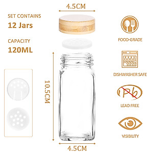 Akoatail 12 Spice Jars with Labels, 4oz Square Glass Spice Jars with Airtight Bamboo Lids and Shaker Lids, Cooking Spice Containers, Seasoning Jars Bottles Set for Spice Rack Cabinet Drawer