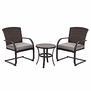 Grand patio 3 Piece Bistro Set, Outdoor Patio Rocking Wicker Chairs with Removable Cushions and Small Coffee Table, Heavy Duty Funiture Set for Porch, Balcony, Patio, Deck Backyard, Garden, Grey