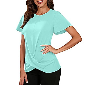 DUOWEI European and American Women's Independent Station Round Neck Solid Color Knotted Short Sleeve T Shirt Green