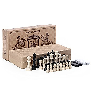 Magic Vosom Chess & Checkers Set, 2 In1 Folding Board, Purely Handmade Portable Travel Chess Board Game Sets with Game Pieces Storage Slots, Beginner Chess Set for Kids and Adults