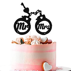 LHUBA Police Handcuffs Mr & Mrs Wedding Cake Topper Bride & Groom Wedding Engagement Cake Decoration Funny Wedding Party Decor Black Glitter