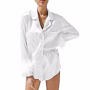 XBTCLXEBCO Silk Satin Pajamas for Women 2Pcs Feather Nightwear Set Long Sleeve Button Down Shirt Shorts Loungwear Pjs Set (Medium, White)