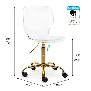 HOMEFUN Clear Chairs Acrylic Desk Chair Rolling Transparen Vanity Chair Armless Swivel Chair Height Adjustable Ghost Chair Molded Plastic Home Office Chair with Wheels, New Clear with Golden Feet