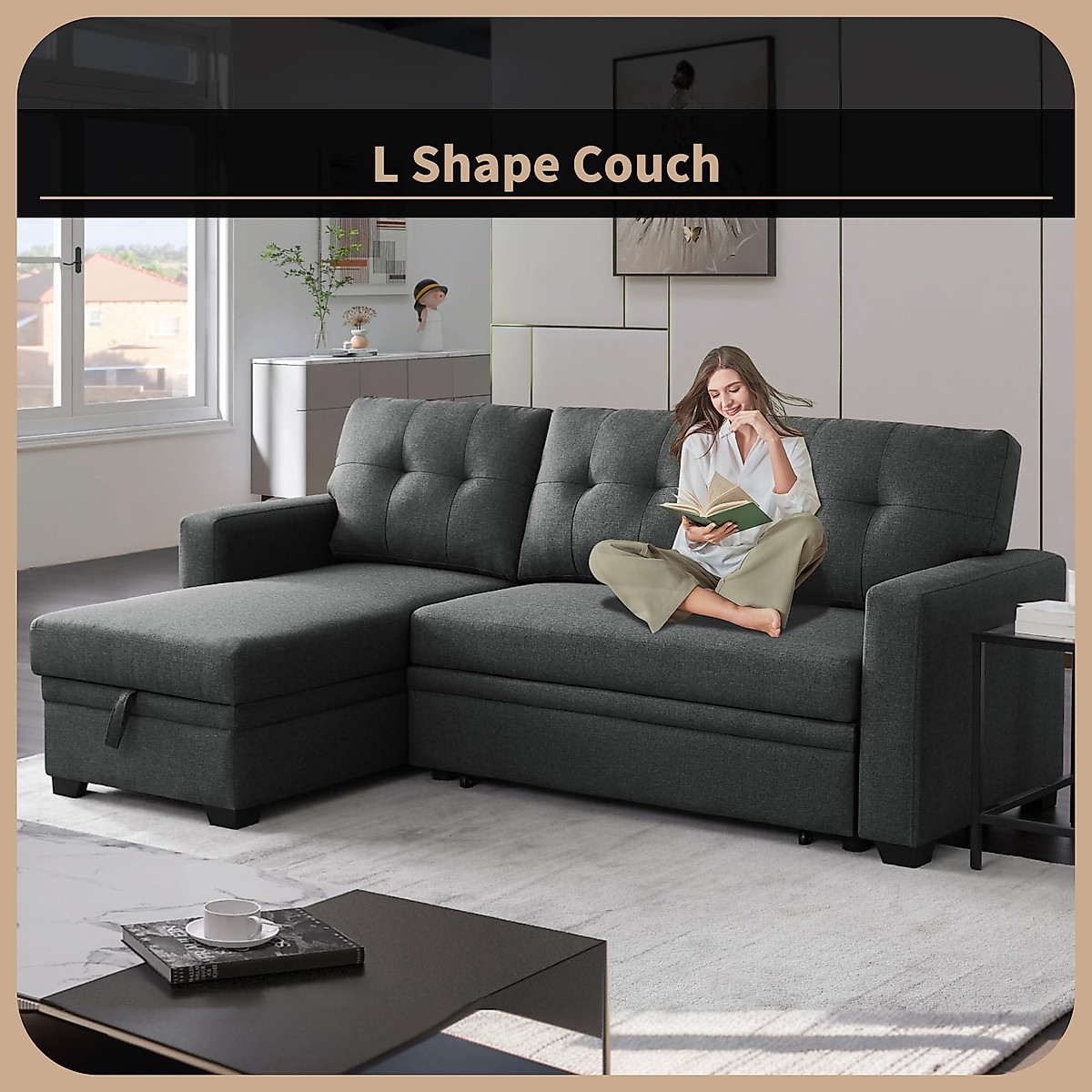 HHOK 4-in-1 Convertible Pull Out Modular Sectional Sofa Bed for Living Room Furniture Sets, L Shaped Comfy Couch with Reversible Storage Chaise Upholstered for Apartment, Studio, Office - Dark Gray