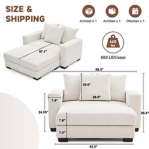 Howjoe 58.3" Comfy Deep Seat Oversized Chaise Lounge Indoor for Living Room, Solid Wood Sleeper Reclining Chair with Thickened Cushions Widened Armrests for Bedroom, Lounge Chair with Ottoman, Beige