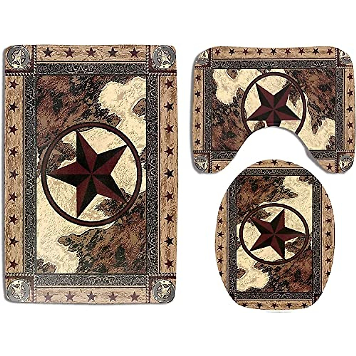 Giwawa Western Texas Star Bathroom Rugs Set 3 Piece with Non-Slip Bath Rugs Toilet Lid Cover U-Shaped Contour Toilet Mat Rustic Farmhouse Bath Mats for Bathroom