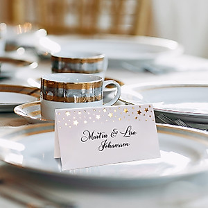 CLEVER SIGNS Gold Place Cards for Wedding or Party, 100 Pack, 2" X 3.5, Double Design, Gold Foil Stars and Line, Scored for Easy Folding, Place Cards for Table Setting, Seating Place Cards for Tables