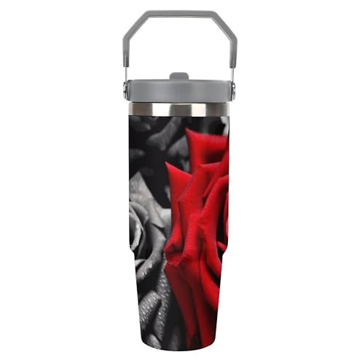 30oz Stainless Steel Insulated Tumbler with Flip Lid & Straw, Leakproof Travel Mug for Car, Black White And Red Roses Double Wall Vacuum Thermal Coffee Cup with Handle, Spill-Proof Design for Hot/Cold