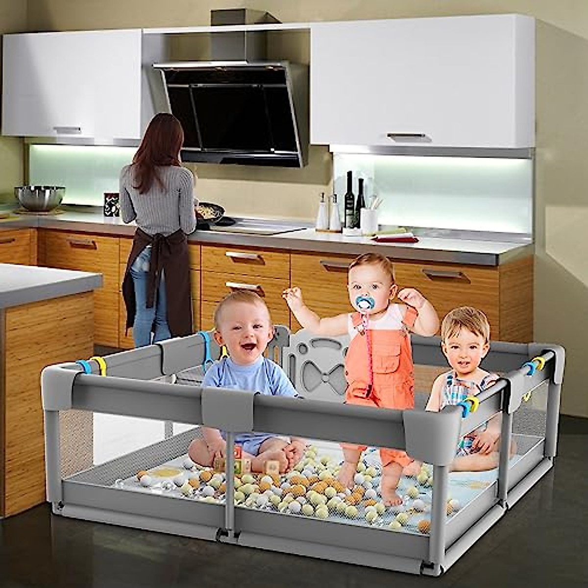 Baby Playpen with Mat,79"x71 "x27"Extra Large Baby Playpen,0.4 IN Play Mat,60 Pcs Ocean Balls, Breathable Mesh Indoor & Outdoor Kids Activity Center Baby Playpen,Safety Baby Gate Playpen