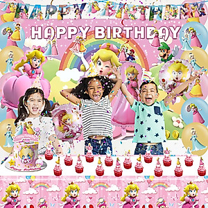 Princess Peach Birthday Party Supplies, Princess Peach Party Favors, Princess Peach Party Decorations Include Banners, Backdrop, Hanging Swirls, Balloons, Cake Decoration, Cupcake Toppers, Tablecloth